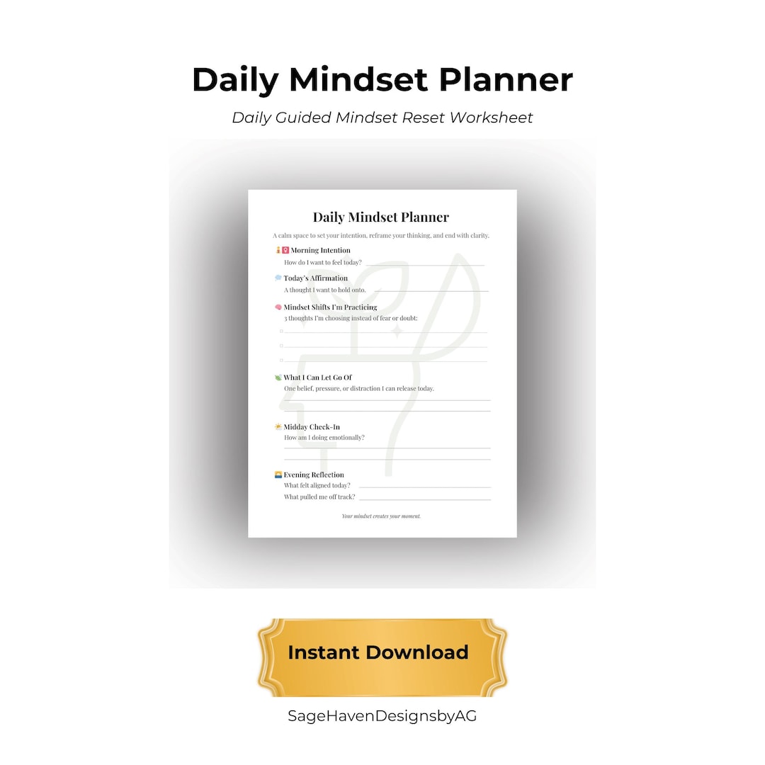 Daily Mindset Reset Worksheet | Guided Planner for Intentions, Mindset ...