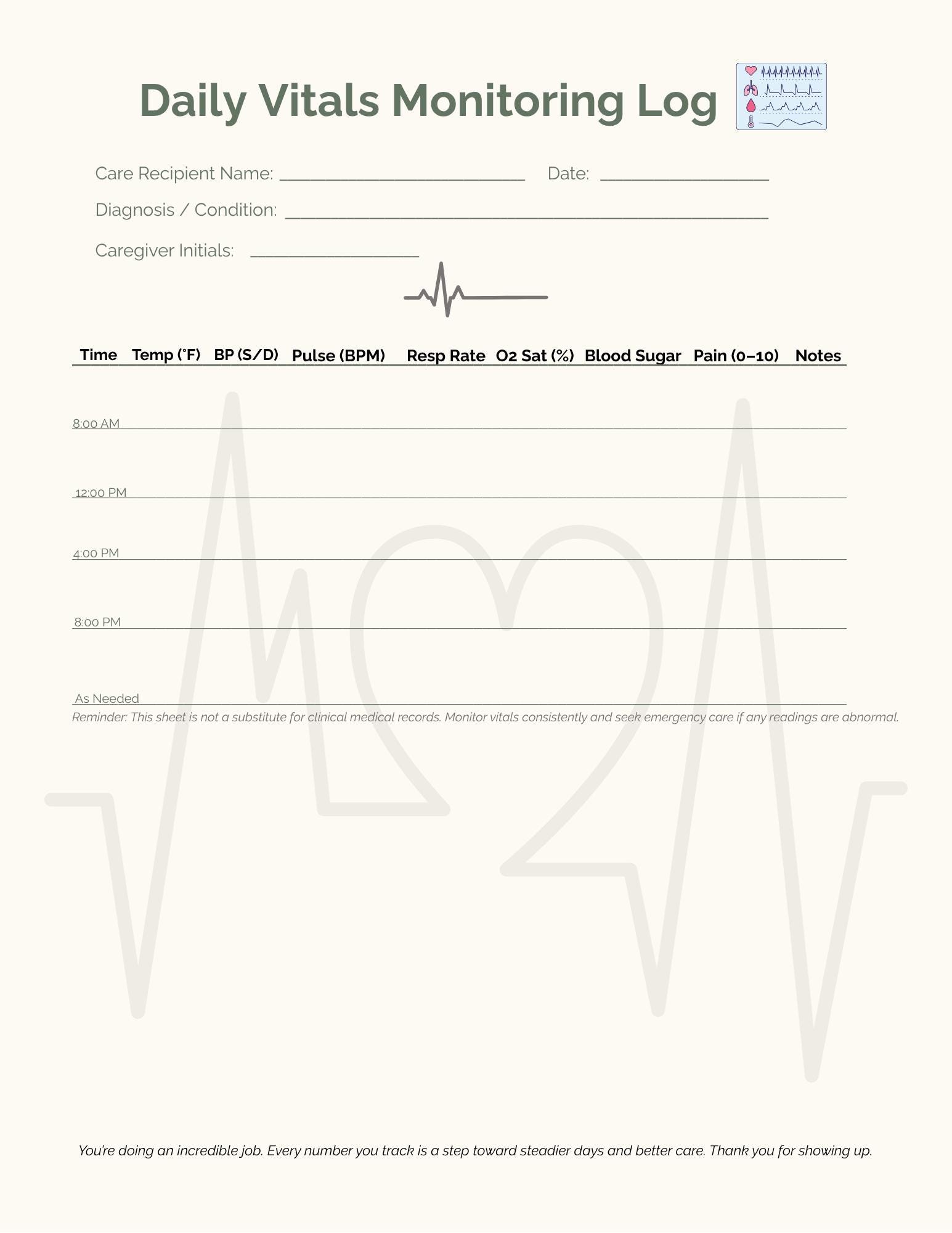 Daily Vitals Tracker Printable: Caregiver Medical Log (PDF Download) - Etsy