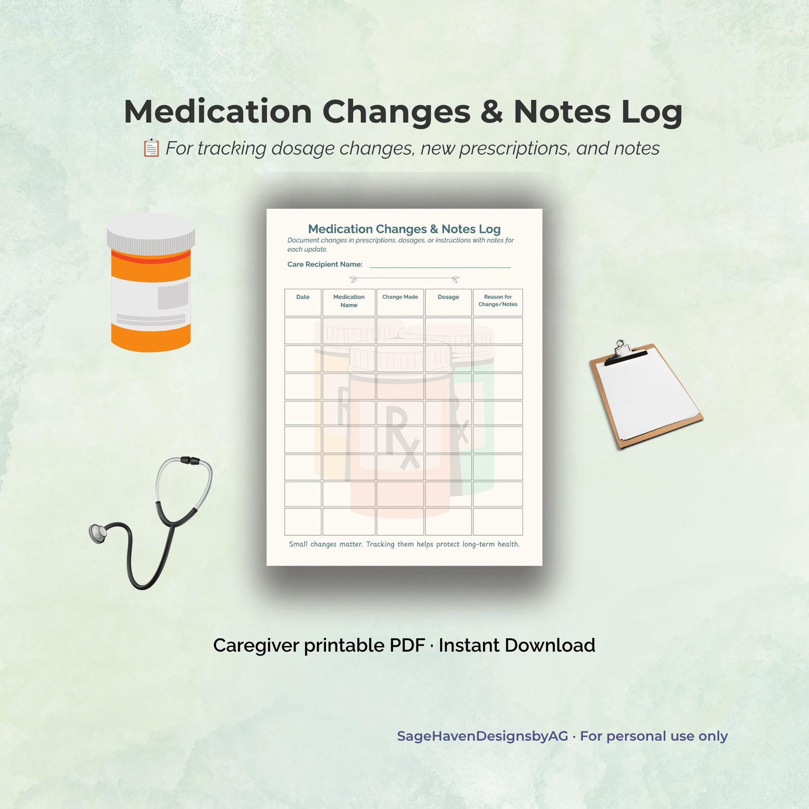Medication Changes & Notes Log – Printable Medication Tracker for ...