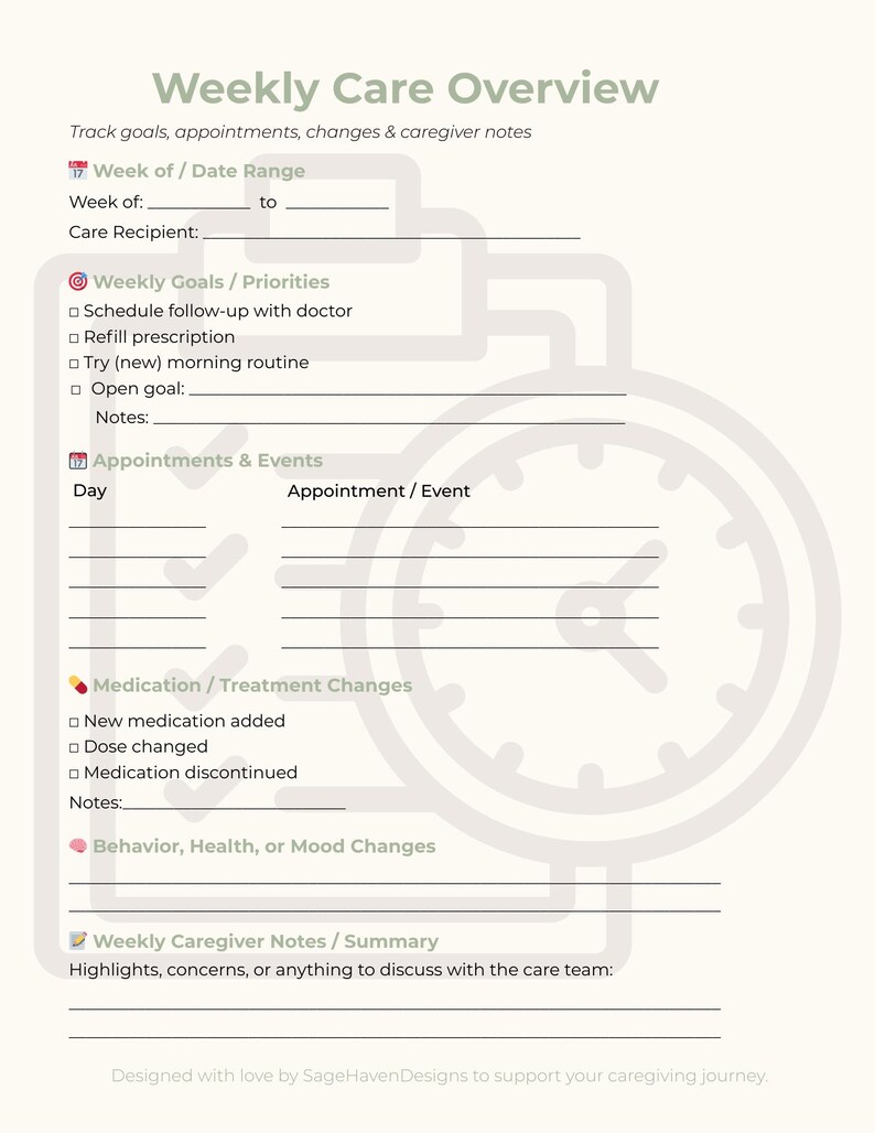 Weekly Care Overview Sheet – Printable Caregiver PDF for Planning ...