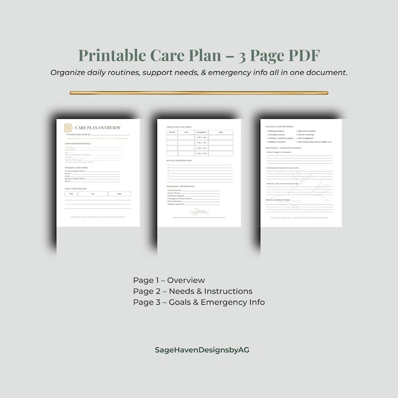 Printable Care Plan PDF for Caregivers – 3 Page Daily Routine, Support ...