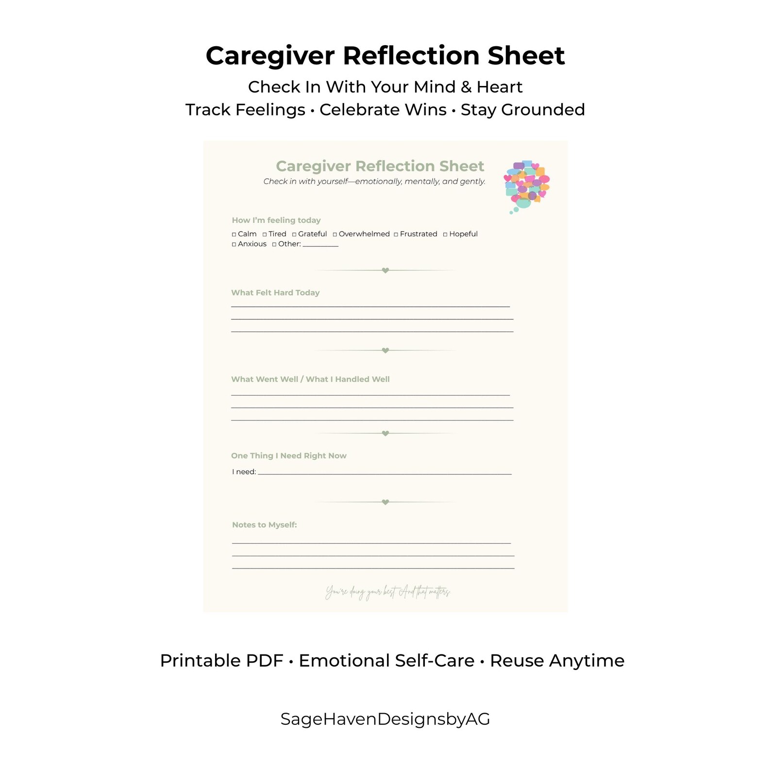 Caregiver Reflection Sheet – Printable Emotional Log for Daily Mindset ...