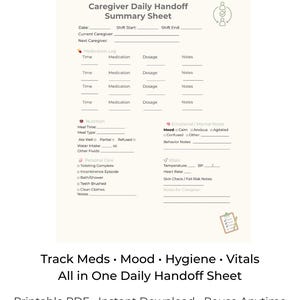 Printable Caregiver Shift Change Log | Daily Care Notes for Elderly ...