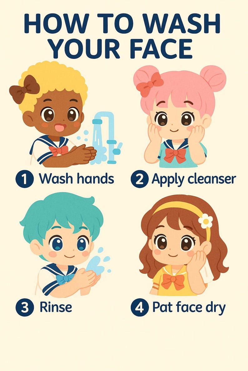 Kids' Face Washing Routine Chart: Kawaii Visual Guide (printable ...