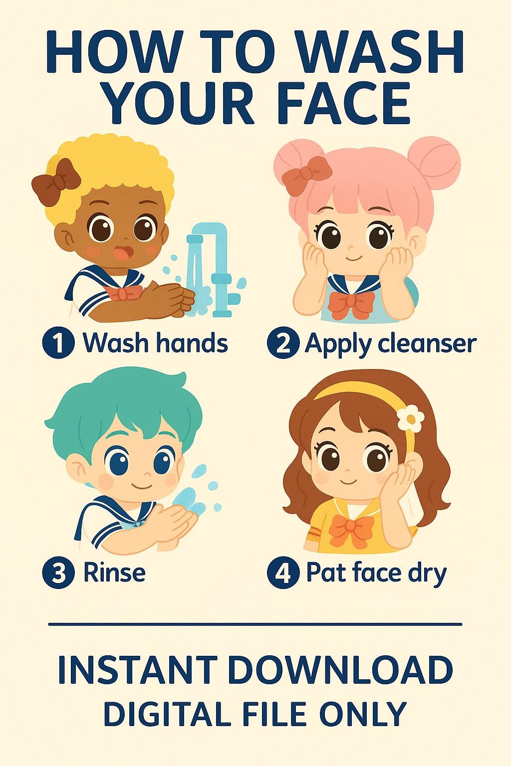 Kids' Face Washing Routine Chart: Kawaii Visual Guide (printable ...