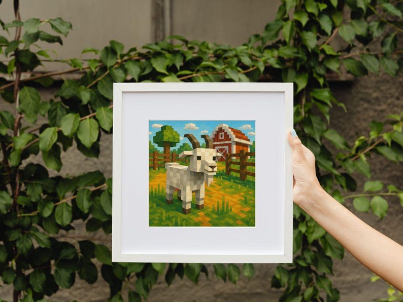 Minecraft Style Goat at Red Barn | Farm Pixel Art Wall Decor [digital ...