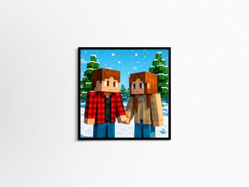 Minecraft Style Winter Couple Holding Hands | Romantic Pixel Art Wall ...
