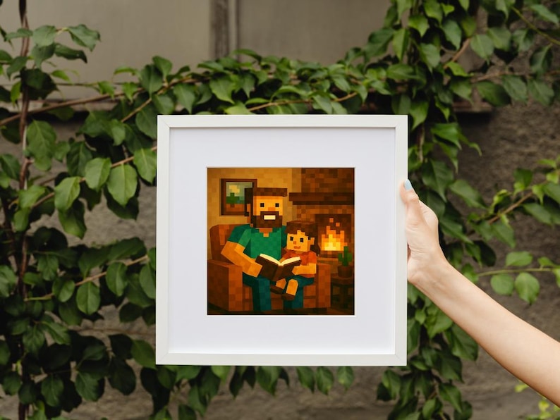 Minecraft Dad Reading to Child Pixel Art Print | Cozy Family Room ...