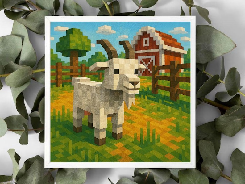 Minecraft Style Goat at Red Barn | Farm Pixel Art Wall Decor [digital ...
