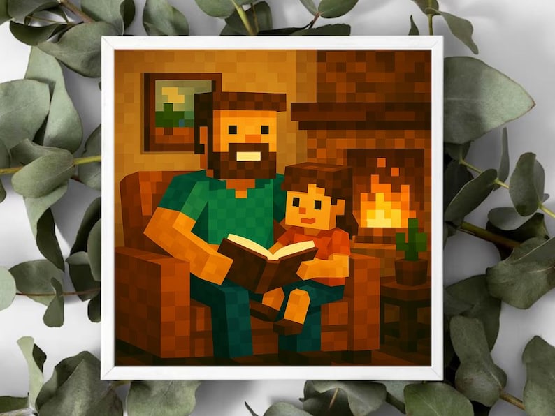 Minecraft Dad Reading to Child Pixel Art Print | Cozy Family Room ...
