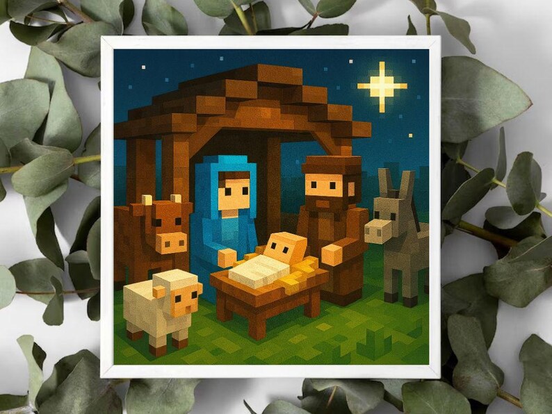 Minecraft Style Nativity Scene | Pixel Art Christmas Wall Decor ...
