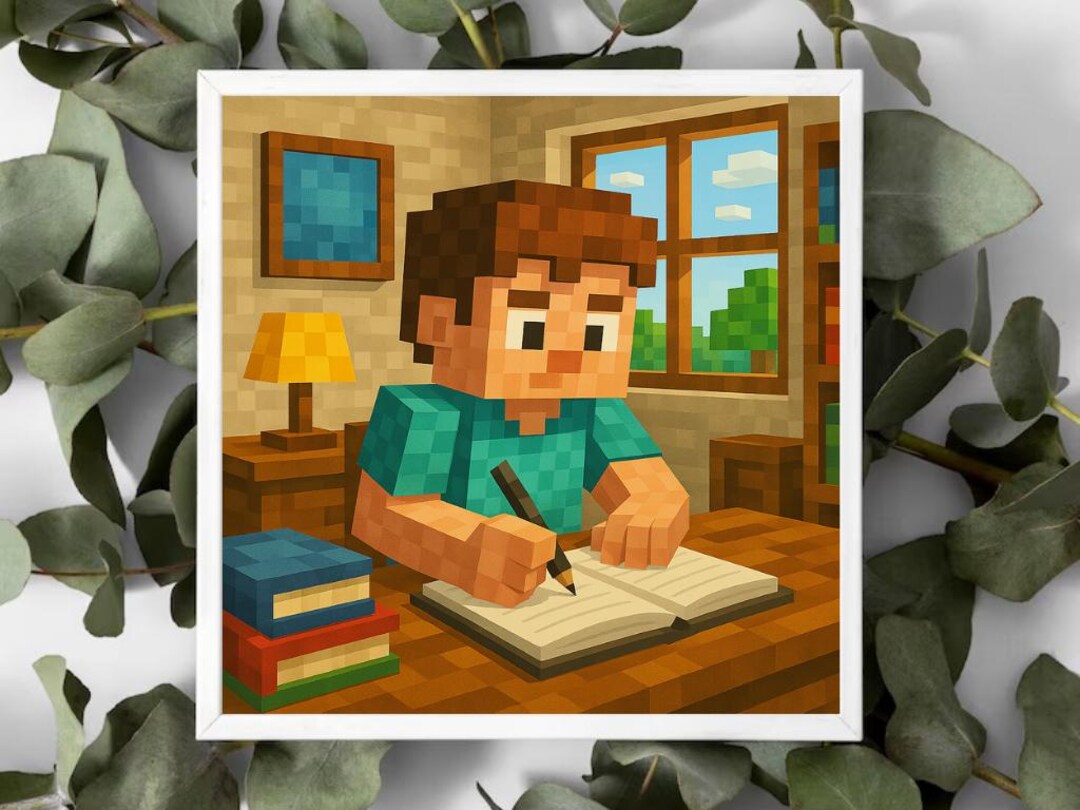 Minecraft Boy Studying Wall Art – Pixel Style Printable for Kids’ Room ...