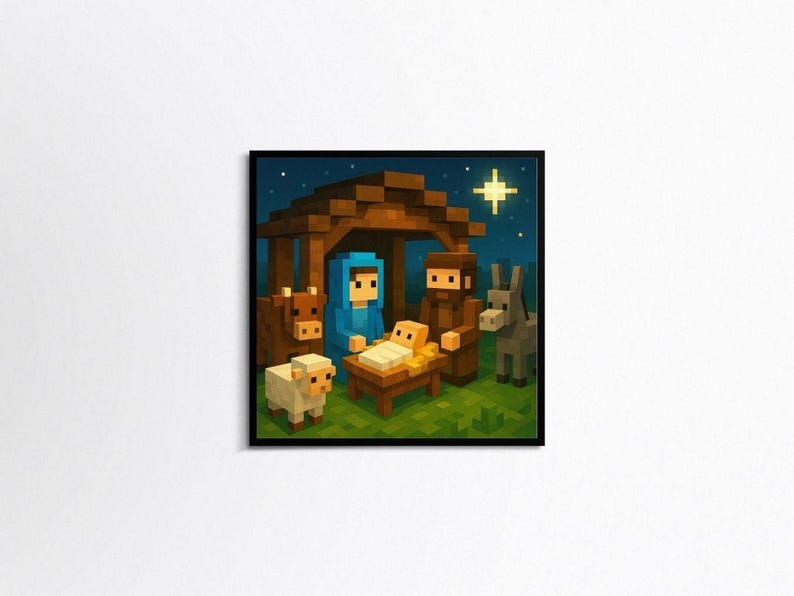 Minecraft Style Nativity Scene | Pixel Art Christmas Wall Decor ...