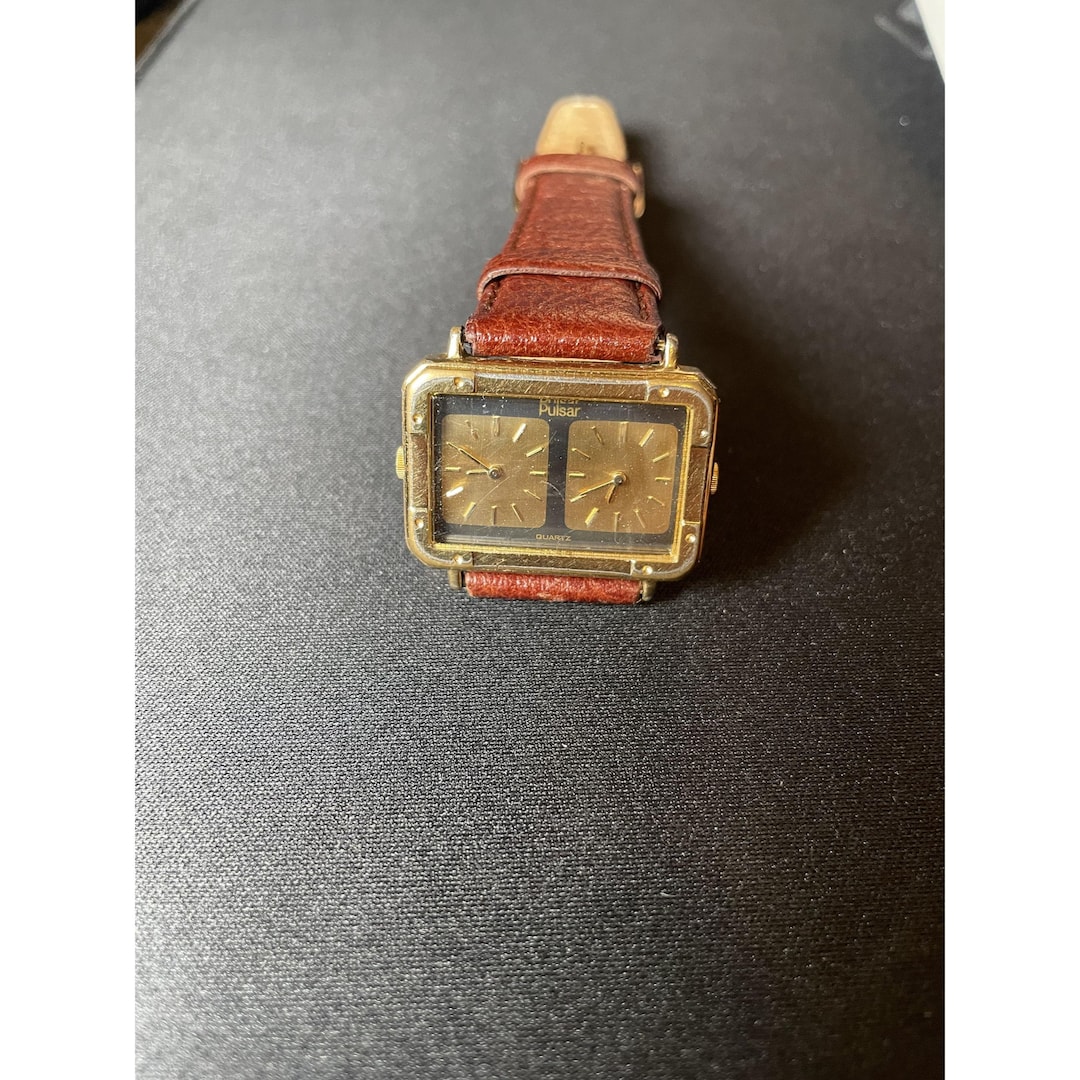 Vintage Pulsar Dual Time Zone Quartz Watch – Rectangular Gold Tone ...