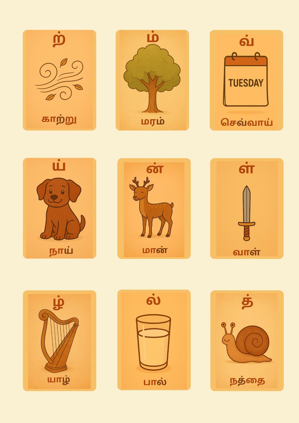 Tamil Alphabet Flashcards- Uyir & Mei Letters | Illustrated Printable ...