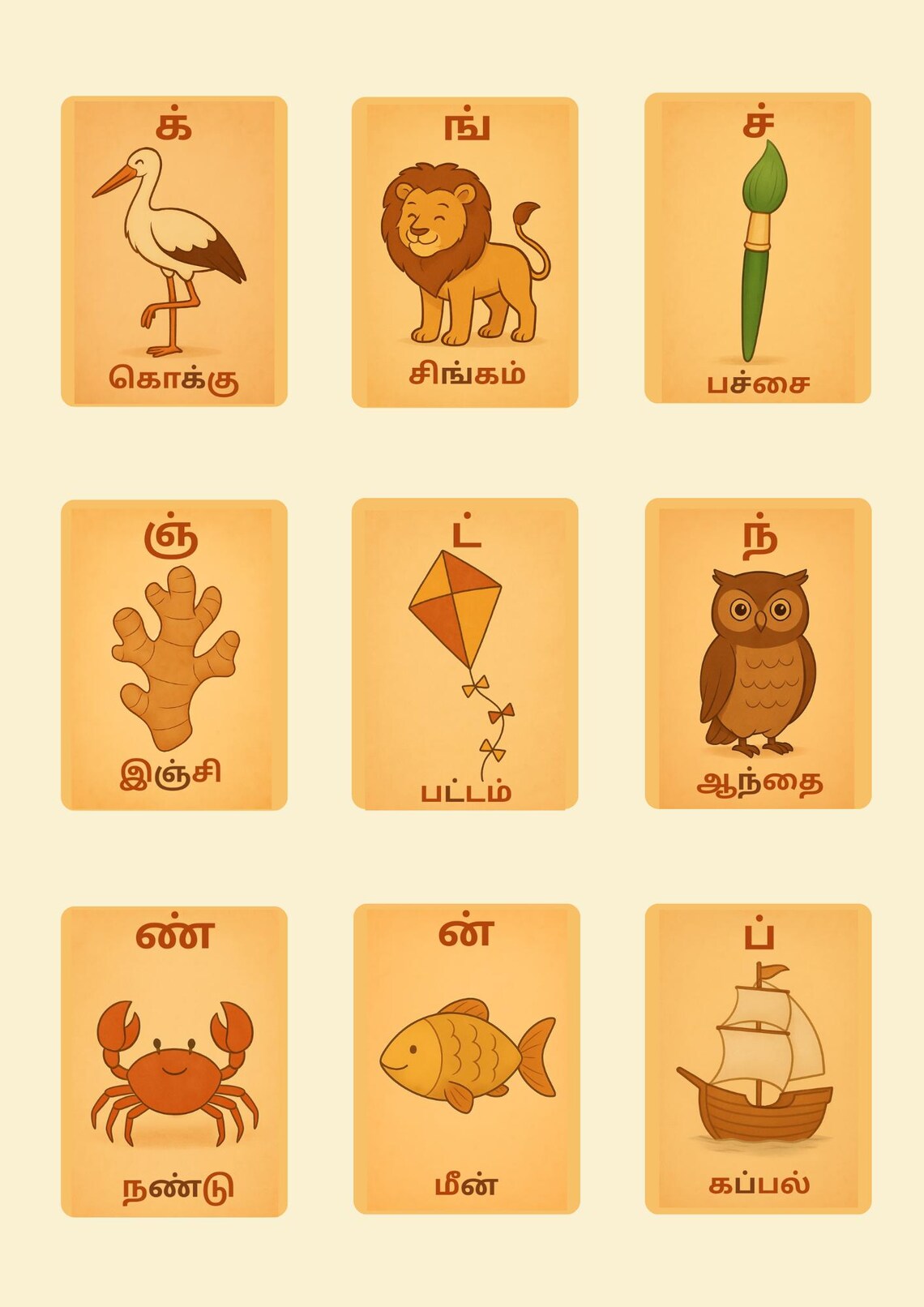 Tamil Alphabet Flashcards- Uyir & Mei Letters | Illustrated Printable ...