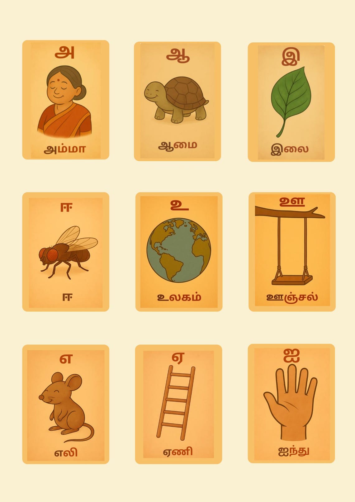 Tamil Alphabet Flashcards- Uyir & Mei Letters | Illustrated Printable ...