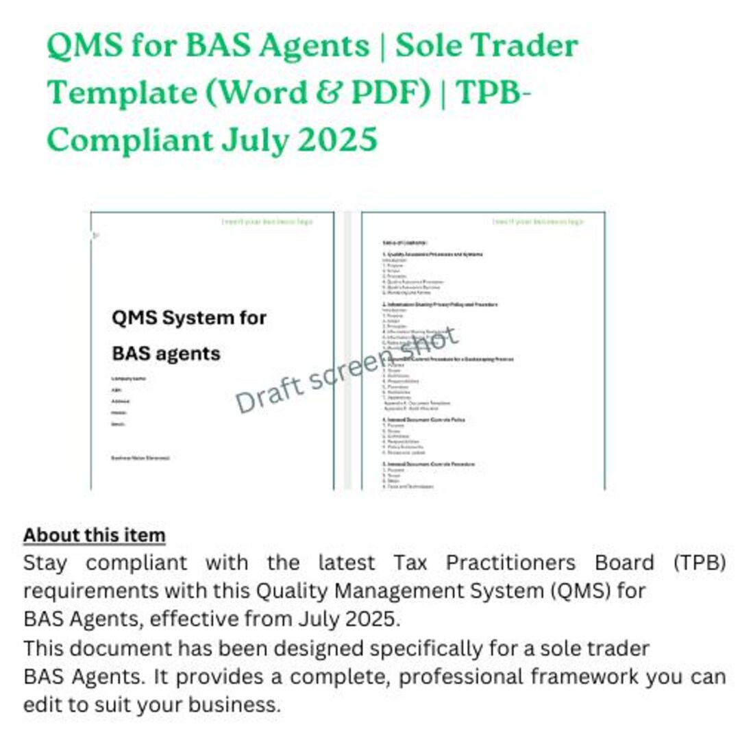 Quality Management System - for BAS Agents | Sole Trader Template (word ...