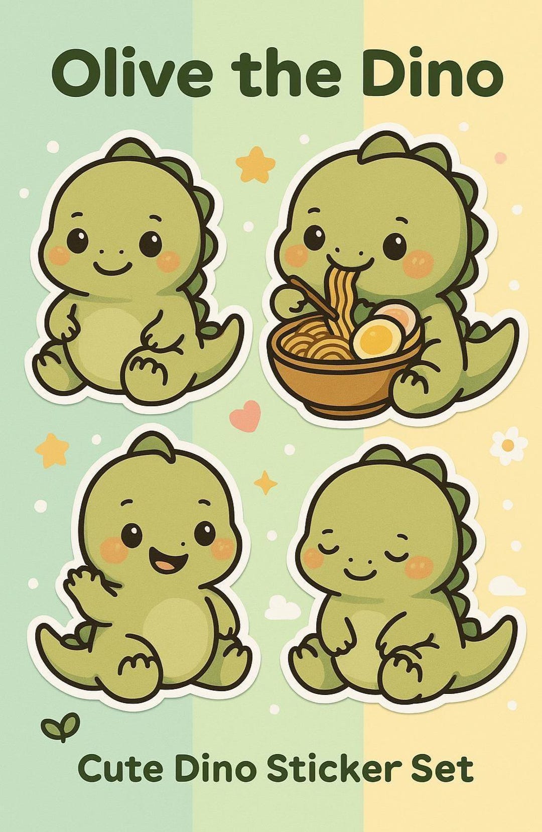 Olive the Dino - Kawaii Dinosaur Digital Sticker Set - 5 Cute Dino PNG ...
