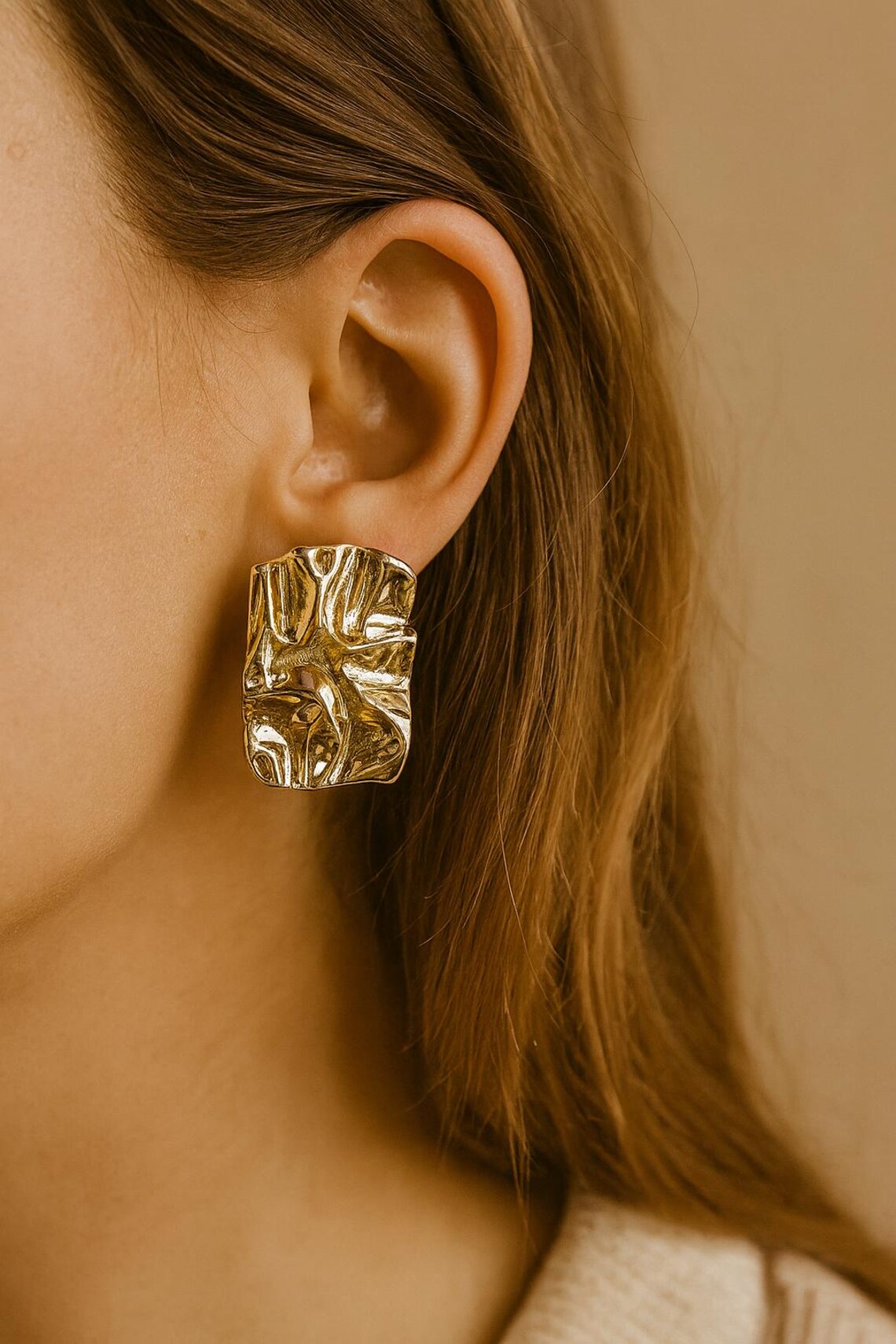 Bold Gold Plated Rectangle Earrings – Textured Stainless Steel Studs ...