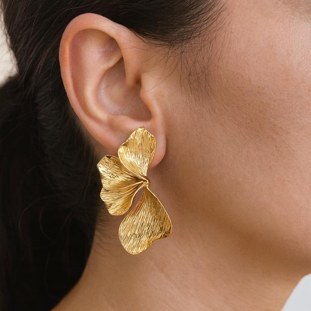 Chunky Gold Leaf Statement Earrings – Bold Drop Dangle Jewelry, Sculptural Botanical Design ...
