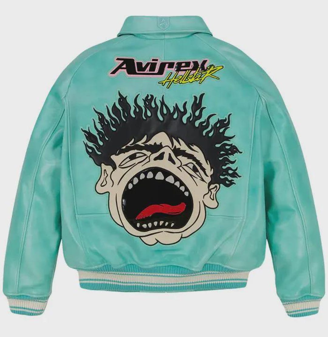 Handmade Hellstar Avirex Leather Bomber Jacket, Turquoise With Bold ...