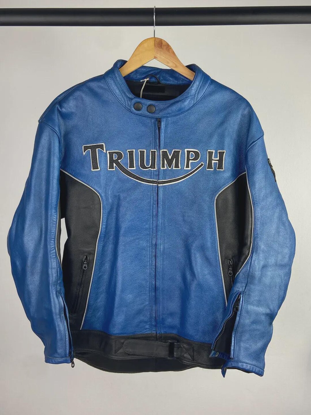 Triumph Blue Leather Motorcycle Jacket, Custom Biker Racing Jacket ...