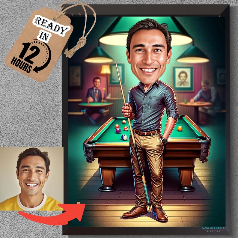 Custom Pool Player Caricature Drawing From Photo – Funny Billiards ...