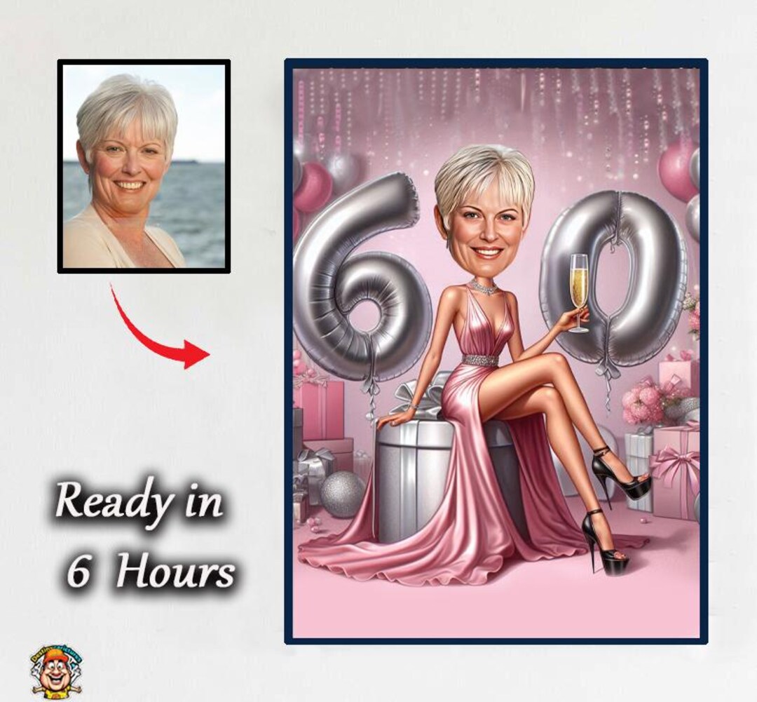 Funny 60th Birthday Caricature for Her | Personalized Cartoon Portrait ...