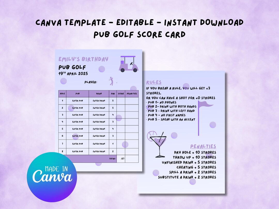 Pub Golf Score Card - Download and Customise Canva Template - Etsy