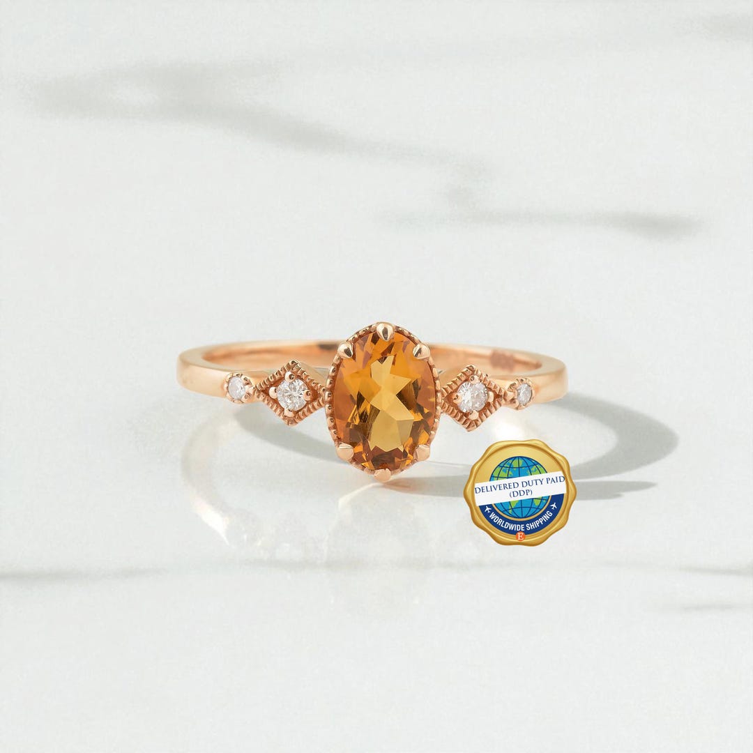 Oval Citrine Diamond Ring, Peach Gemstone Ring, Birthstone Ring, Real ...