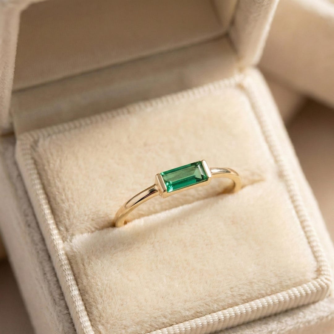 East West Emerald Ring, Solid Gold Baguette Ring, Dainty Bezel Set ...