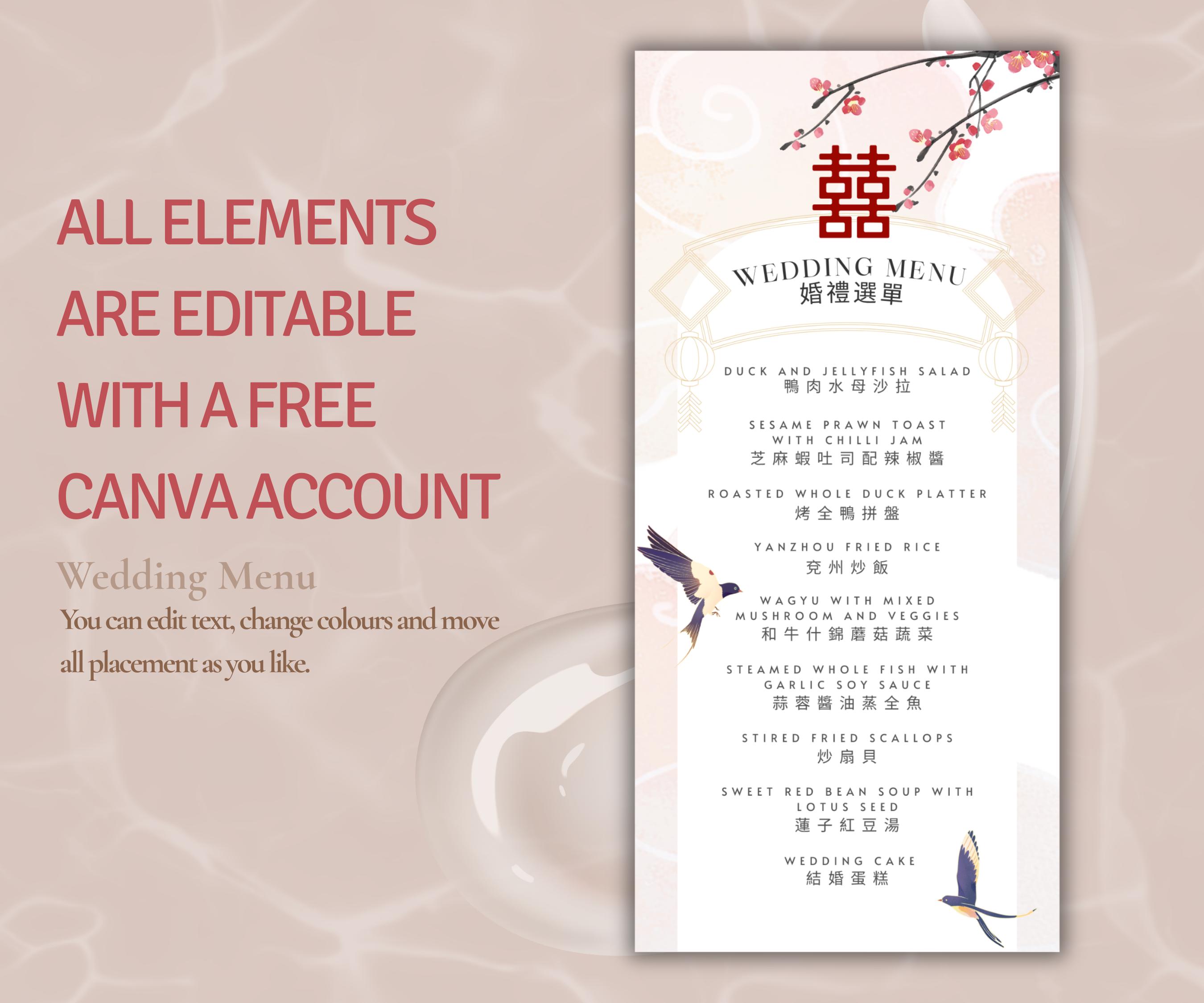 Pink Gold Love Birds Bilingual Chinese Wedding Menu: Double Happiness ...