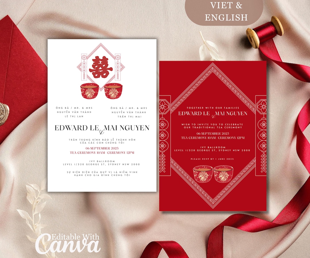 Red and Gold Vietnamese Tea Ceremony Wedding Invitation: Double ...