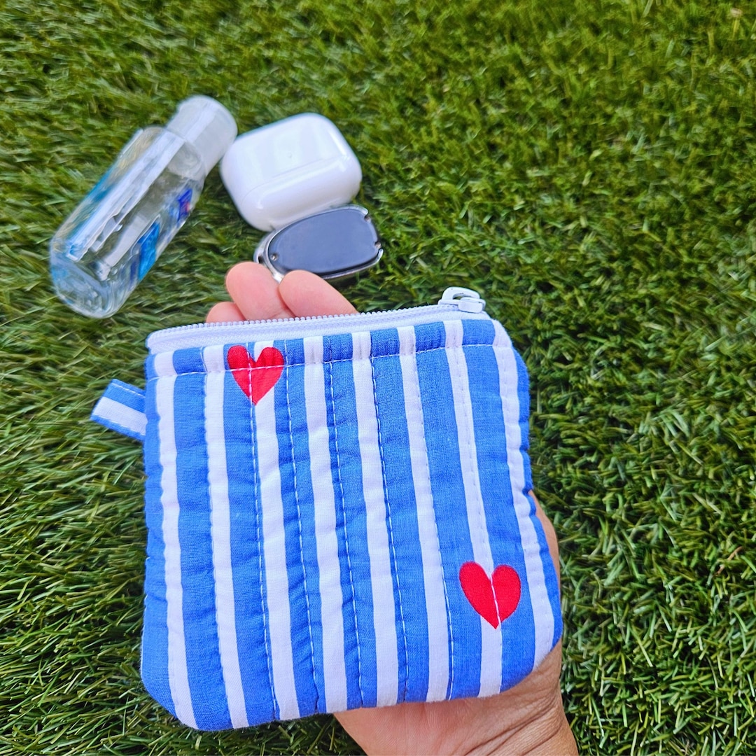 White Blue Striped Red Heart Hand-block Printed Cotton Quilted Pouch ...