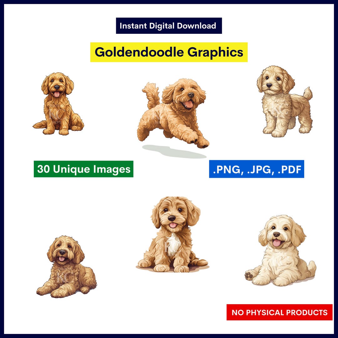 Goldendoodle Dog Digital Clip Art Icons, .PNG .JPG .PDF, 30 Unique ...