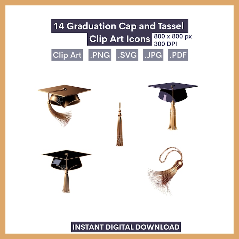 Graduation Clip Art Icons, 14 Graduation Cap and Gold Tassel, .png ...