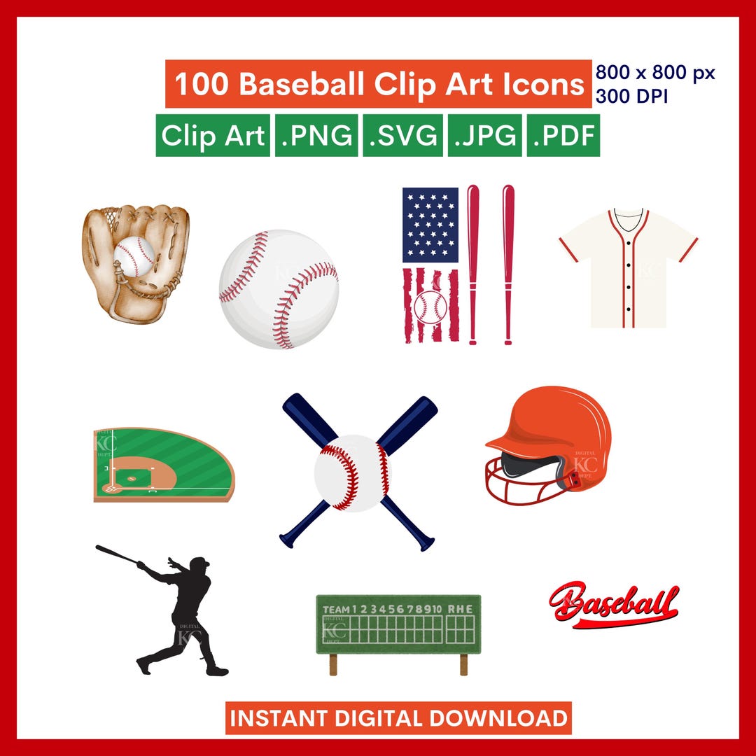 100 Baseball Clip Art Icons, .png, .svg .jpg .pdf, 100 Vectorized ...