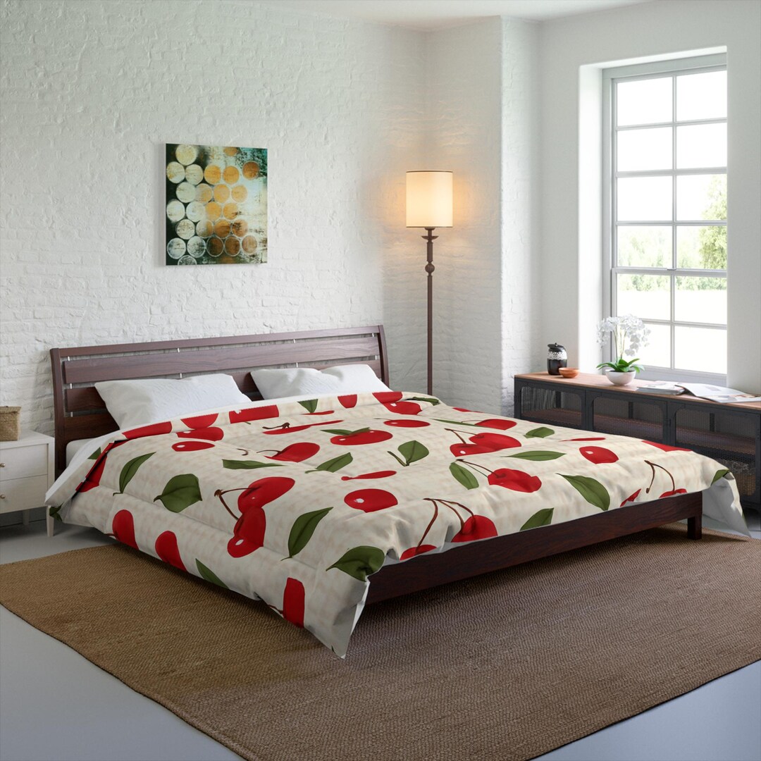 Cherry Print Comforter - Red Floral Bedding, Cozy Summer Quilt ...