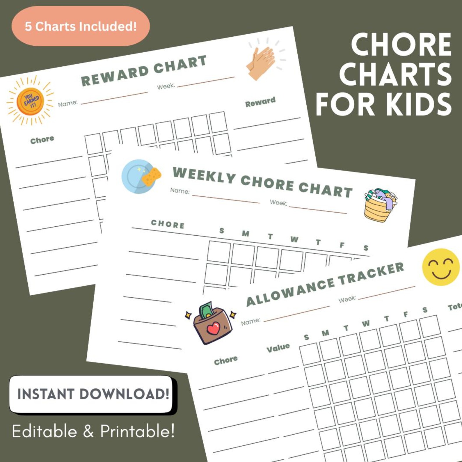 Colorful Kids Chore Chart Bundle Printable Reward System and Allowance ...