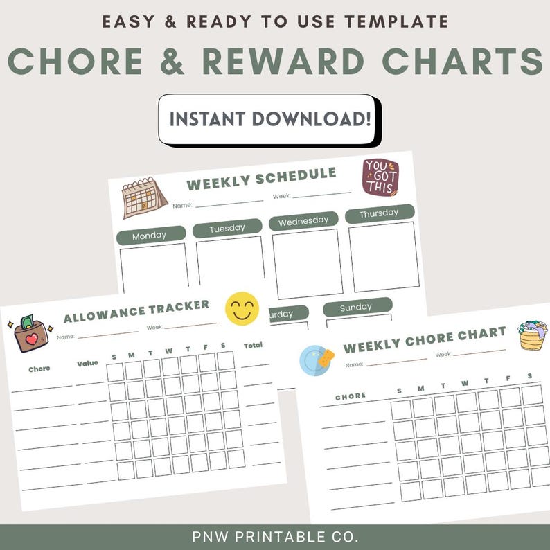 Colorful Kids Chore Chart Bundle Printable Reward System and Allowance ...
