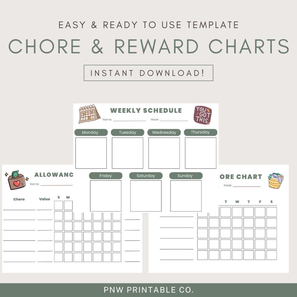 Colorful Kids Chore Chart Bundle Printable Reward System and Allowance ...