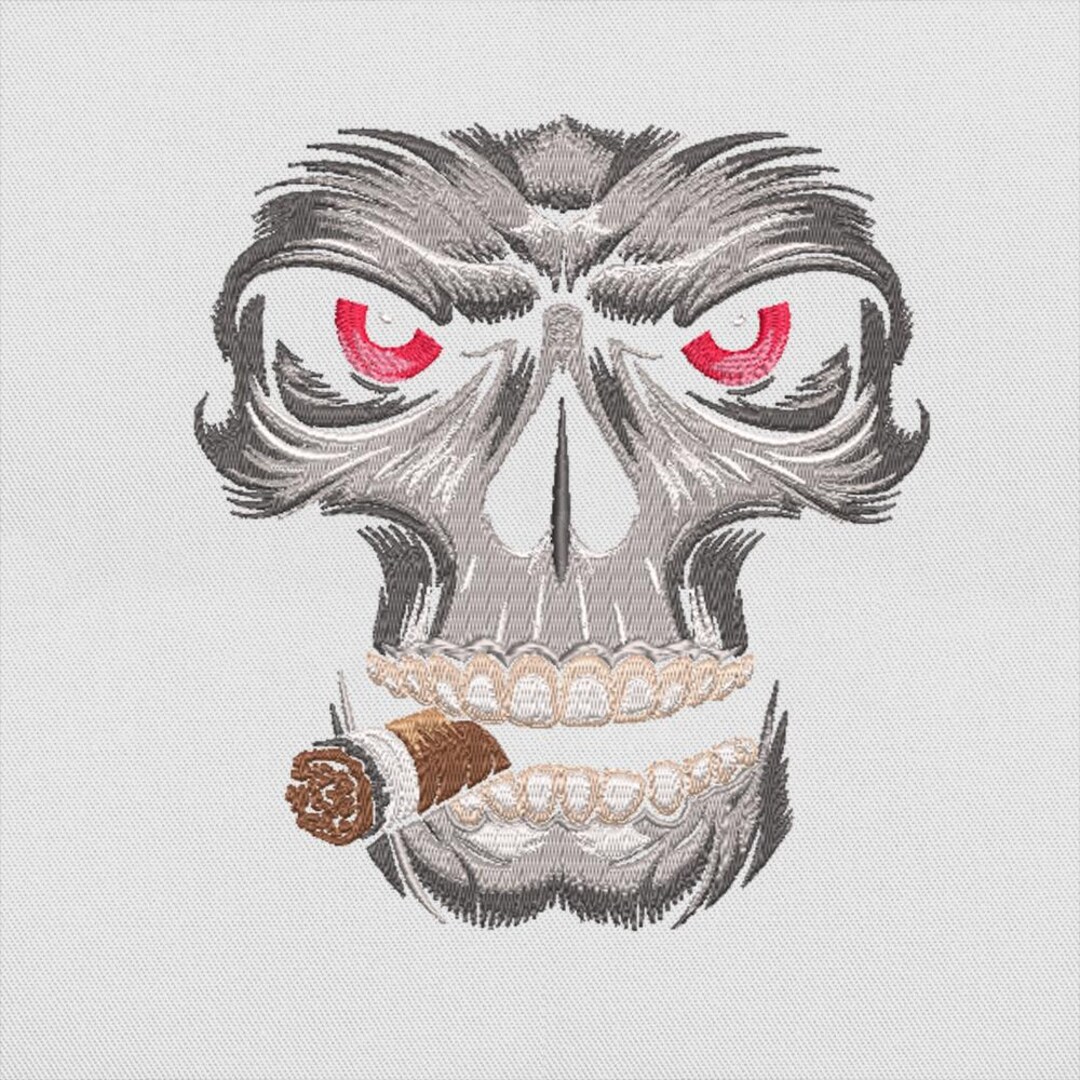 Skull Embroidery Design, Evil Skull Face With Glowing Eyes and Cigar ...