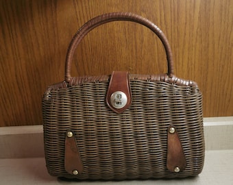 Vintage Basket Purse Basket Weave Purse With Leather Handle Accents Pin ...
