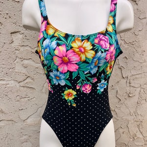 Vintage 1980s Ladies Swimsuit Floral Neon Bright Bathing Suit Swim Suit ...