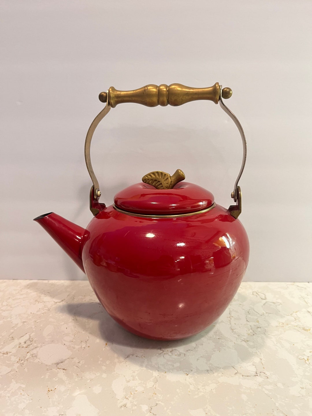 Vintage Apple Shaped Enamel Kettle Brass Accents Classy Cute - Etsy