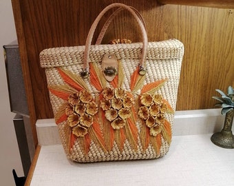 Vintage Basket Purse Basket Weave Purse With Leather Handle Accents Pin ...