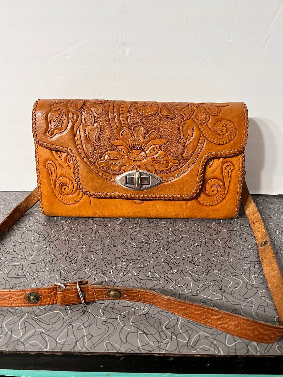 Vintage Large Tooled Leather Purse Huge Boho Retro 1970's Tooled ...