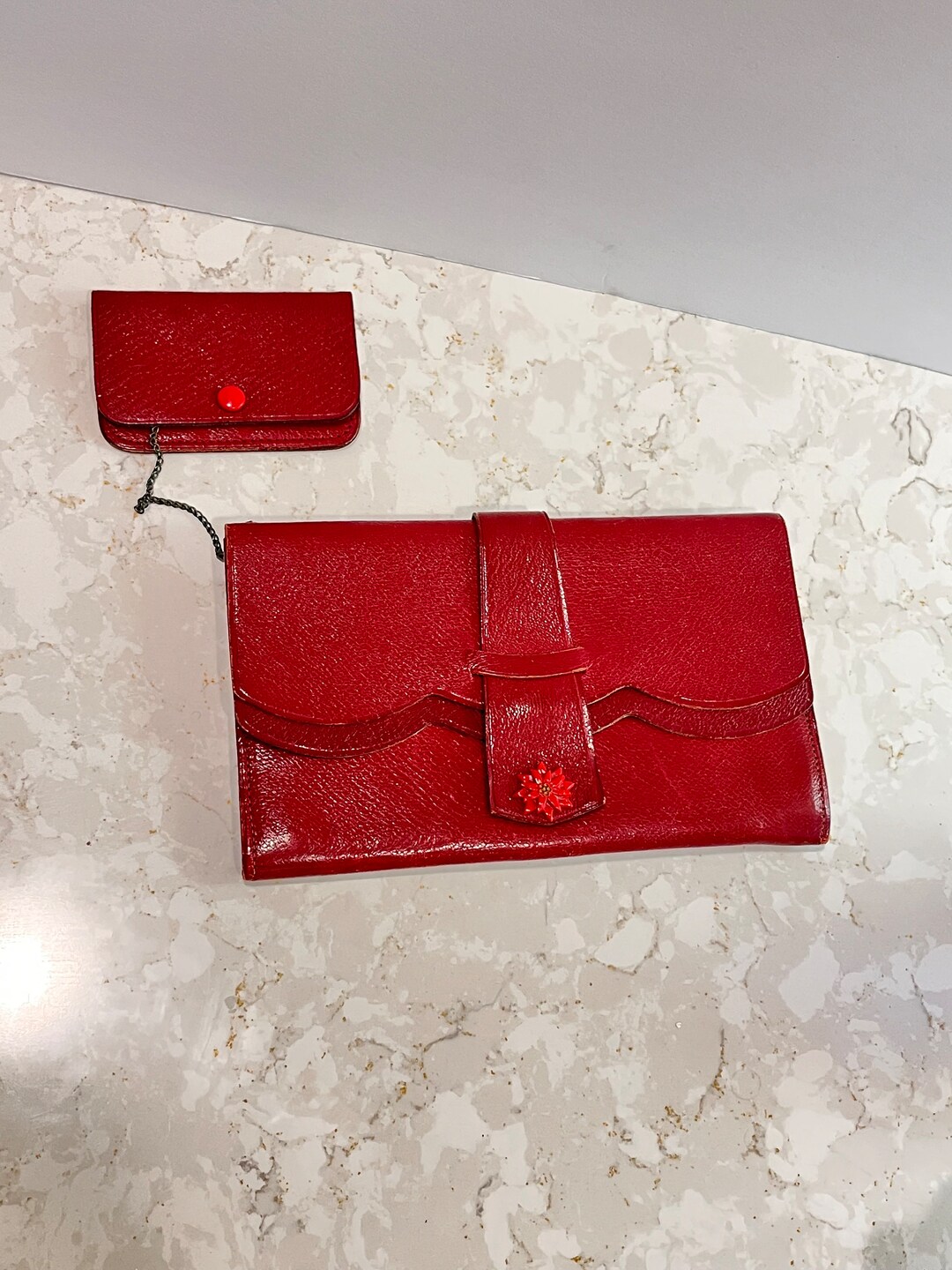 Red Leather Wallet Early 1900s Late 1800s Bakelite Pointsetta Clutch ...