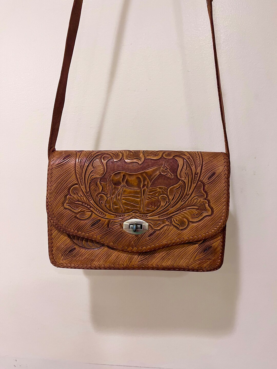 Vintage Tooled Leather Horse Purse Handbag Horse and Flower Pattern ...